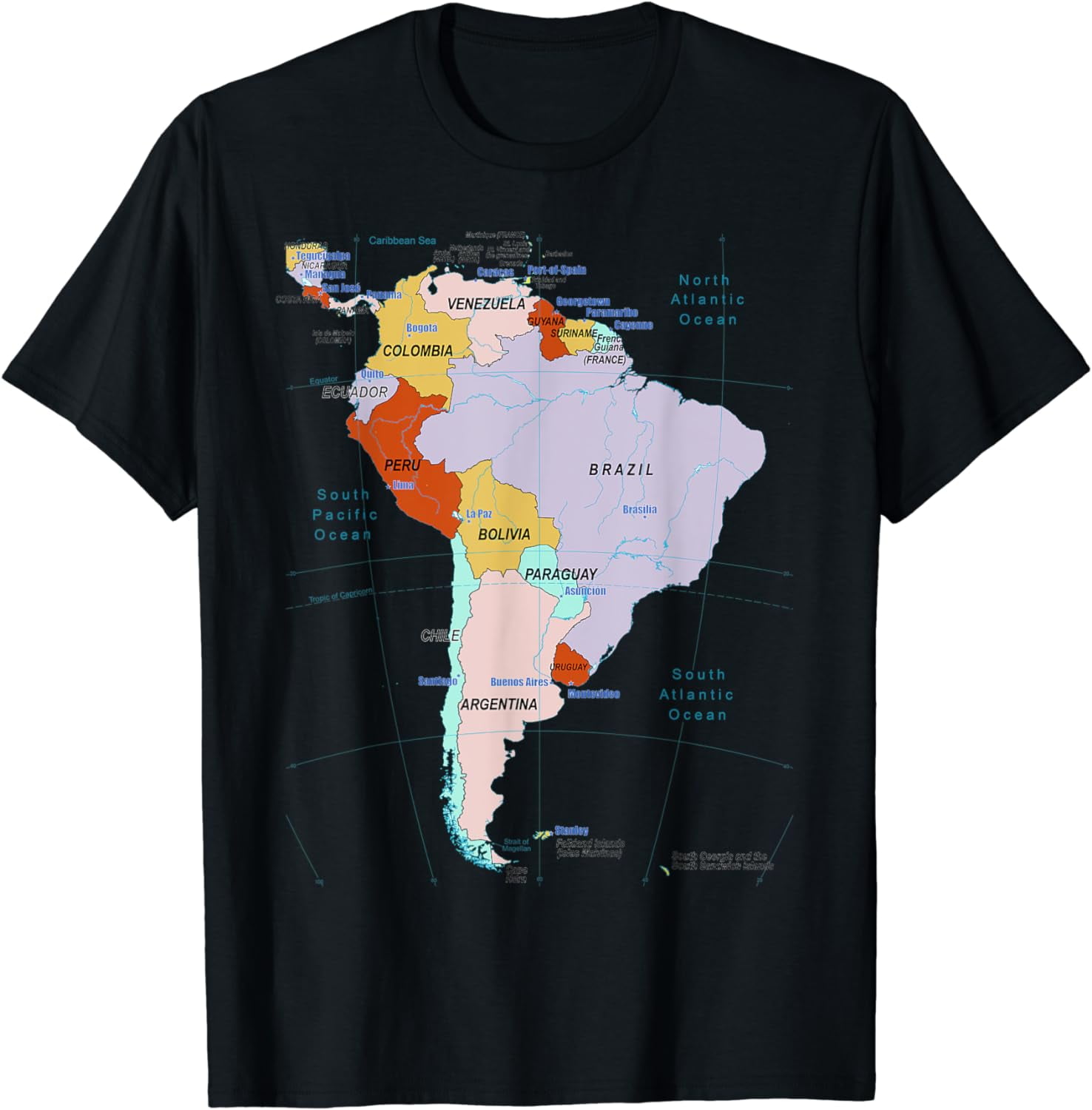 Colorful map of South America, countries, capitals, rivers T-Shirt ...