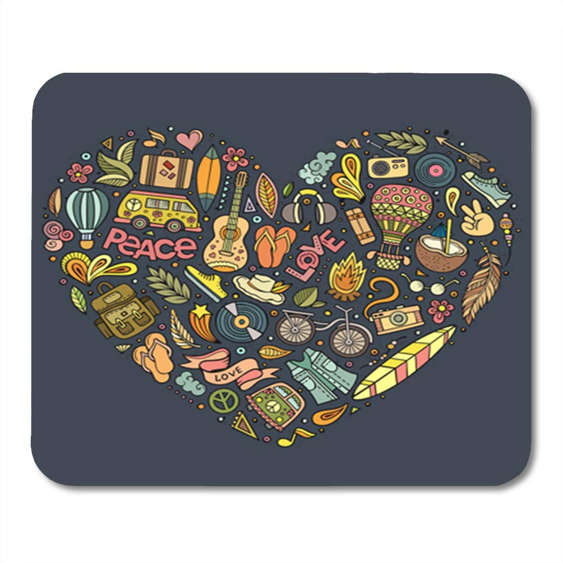 Colorful of Hippie Cartoon Doodle Symbols and Heart Form Mousepad Mouse ...