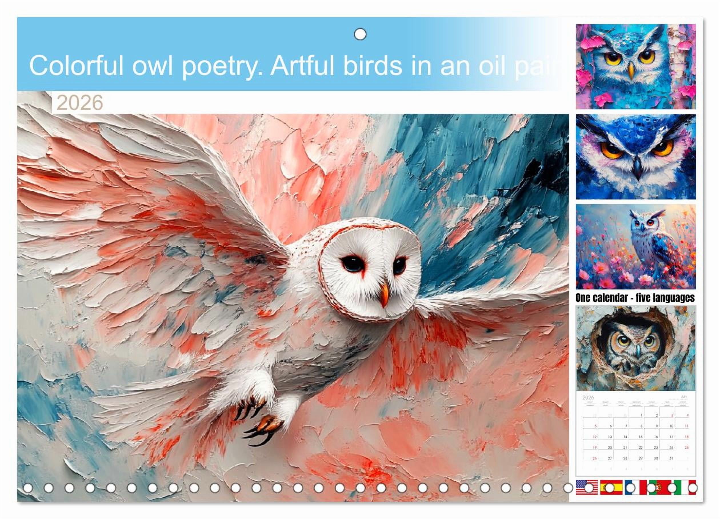Colorful owl poetry. Artful birds in an oil painting look (Monthly Wall ...
