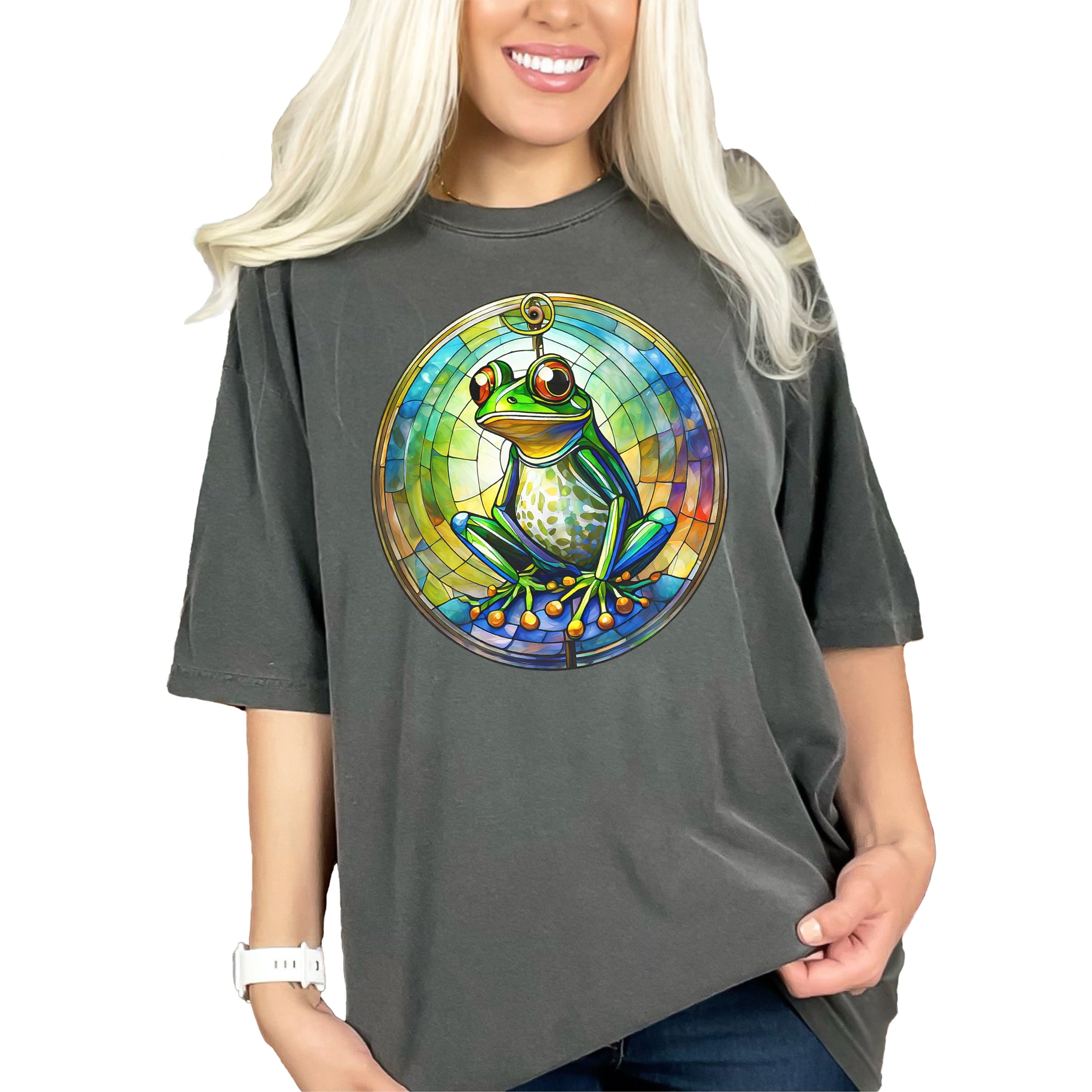 Colorful stained glass frog art, vibrant frog t-shirt, nature inspired ...