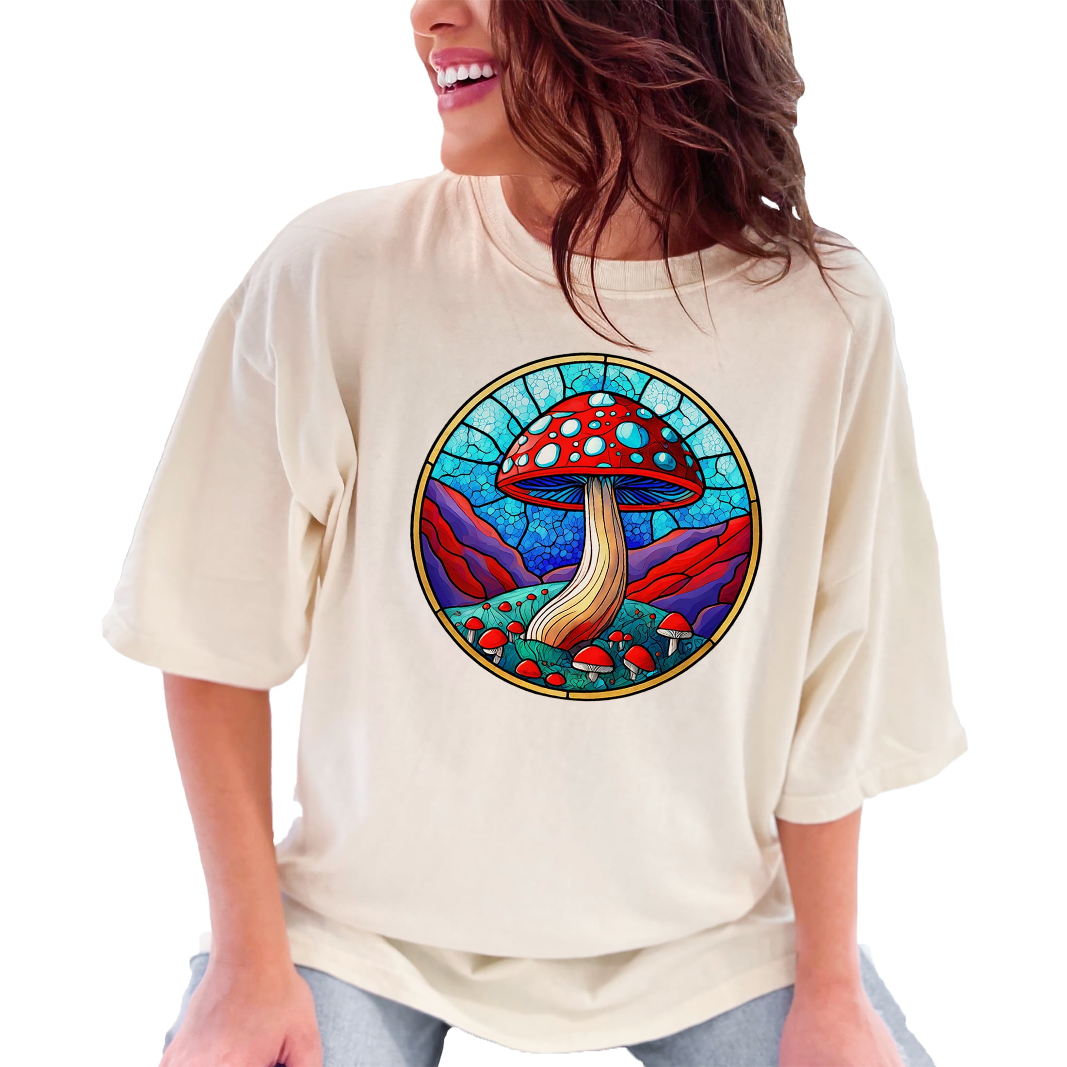 Colorful stained glass mushroom art, vibrant mushroom t shirt, unique ...
