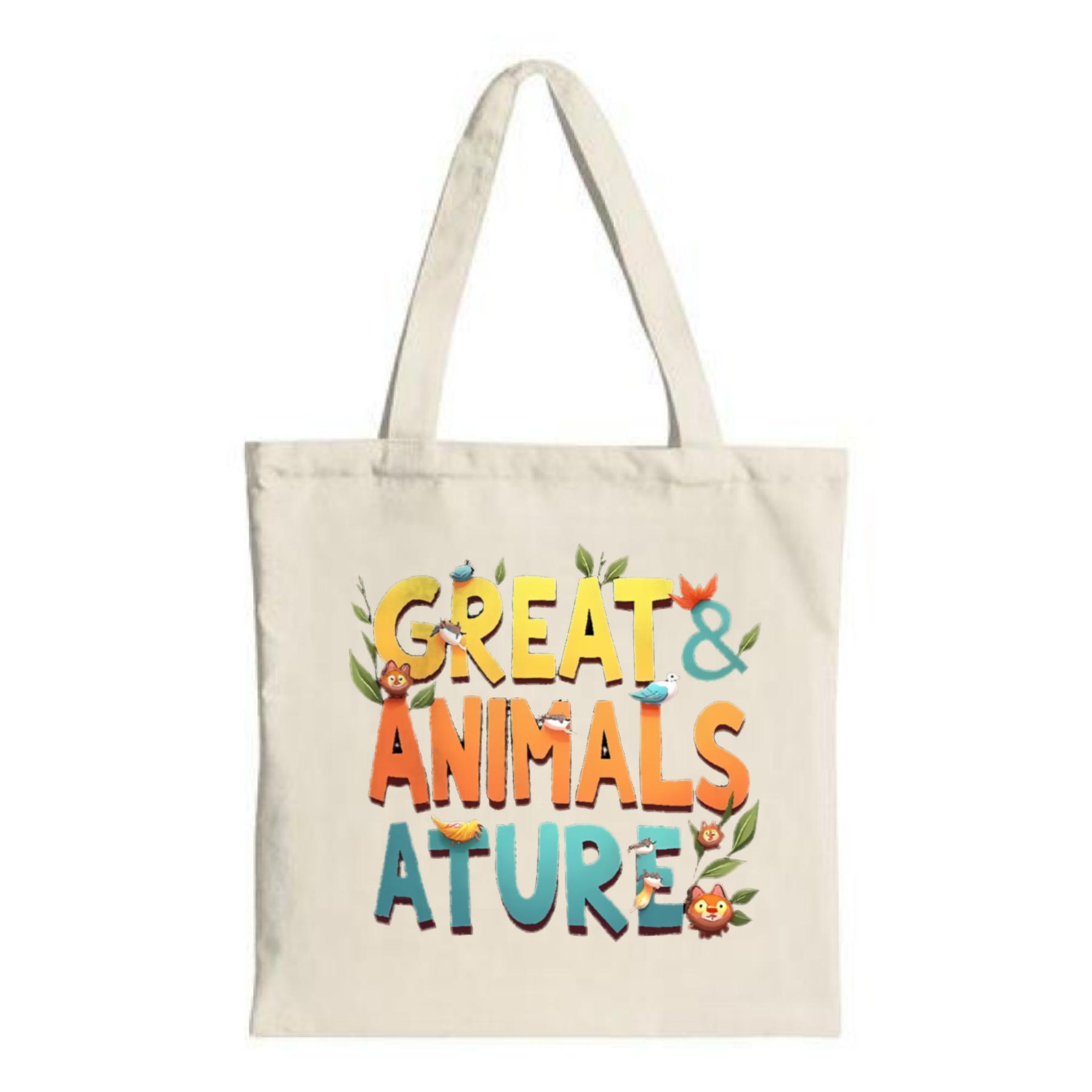 Colorful tote bag featuring " GREAT & ANIMALS ATURE " with vibrant ...