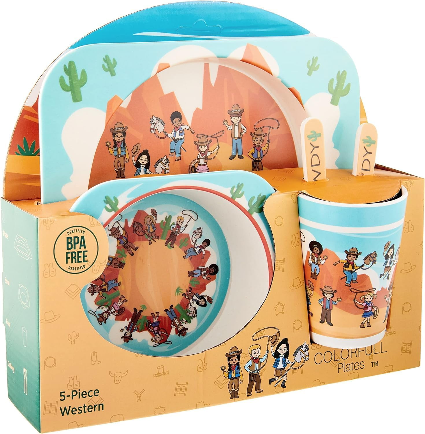 Colorfull Plates 5 Piece Multicolor Kids Dinnerware Set, Western ...