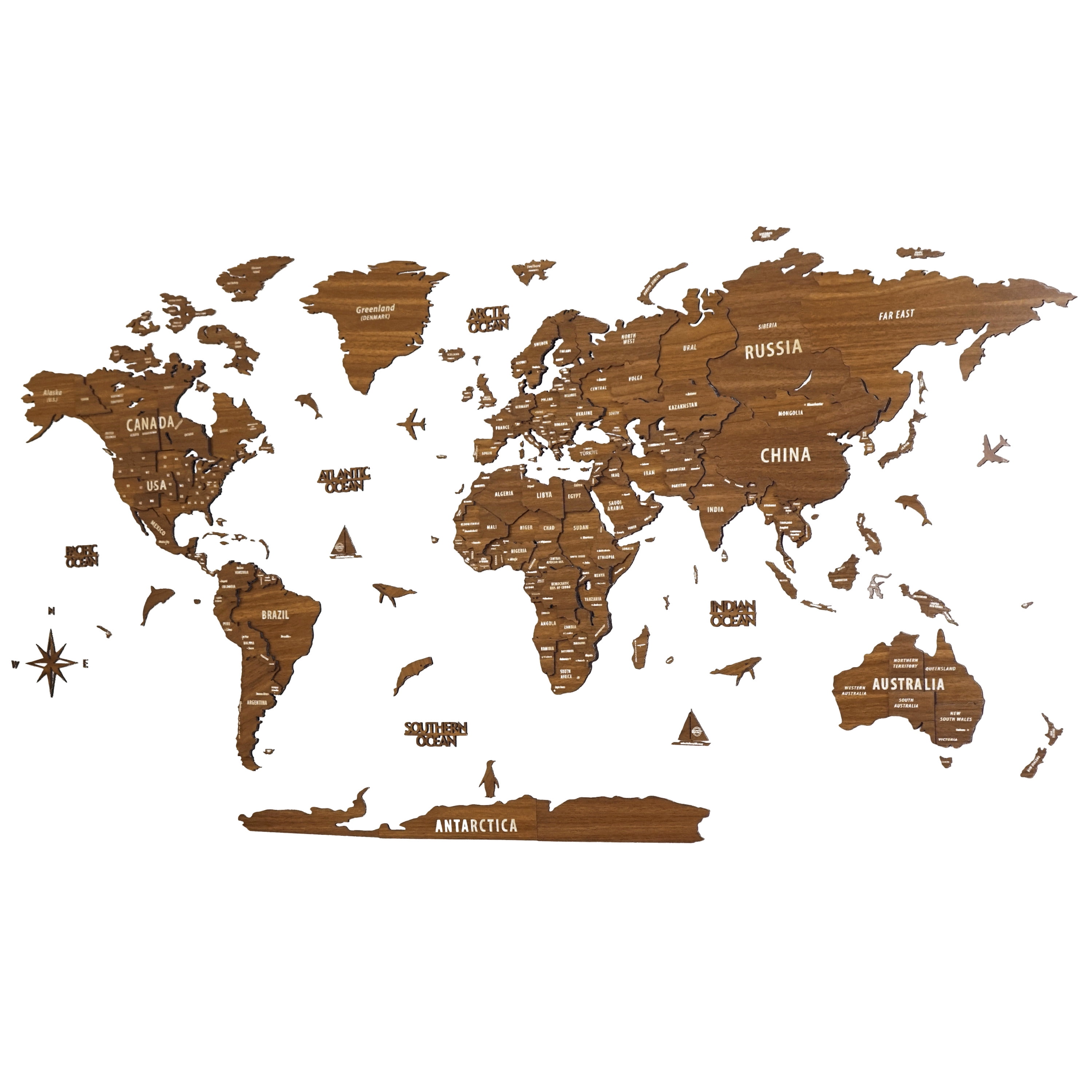 ColorfullWorlds 3D Wooden World Map Multilayer Wall Art Decor, Travel Map Gift Idea, M- L. Brown ...