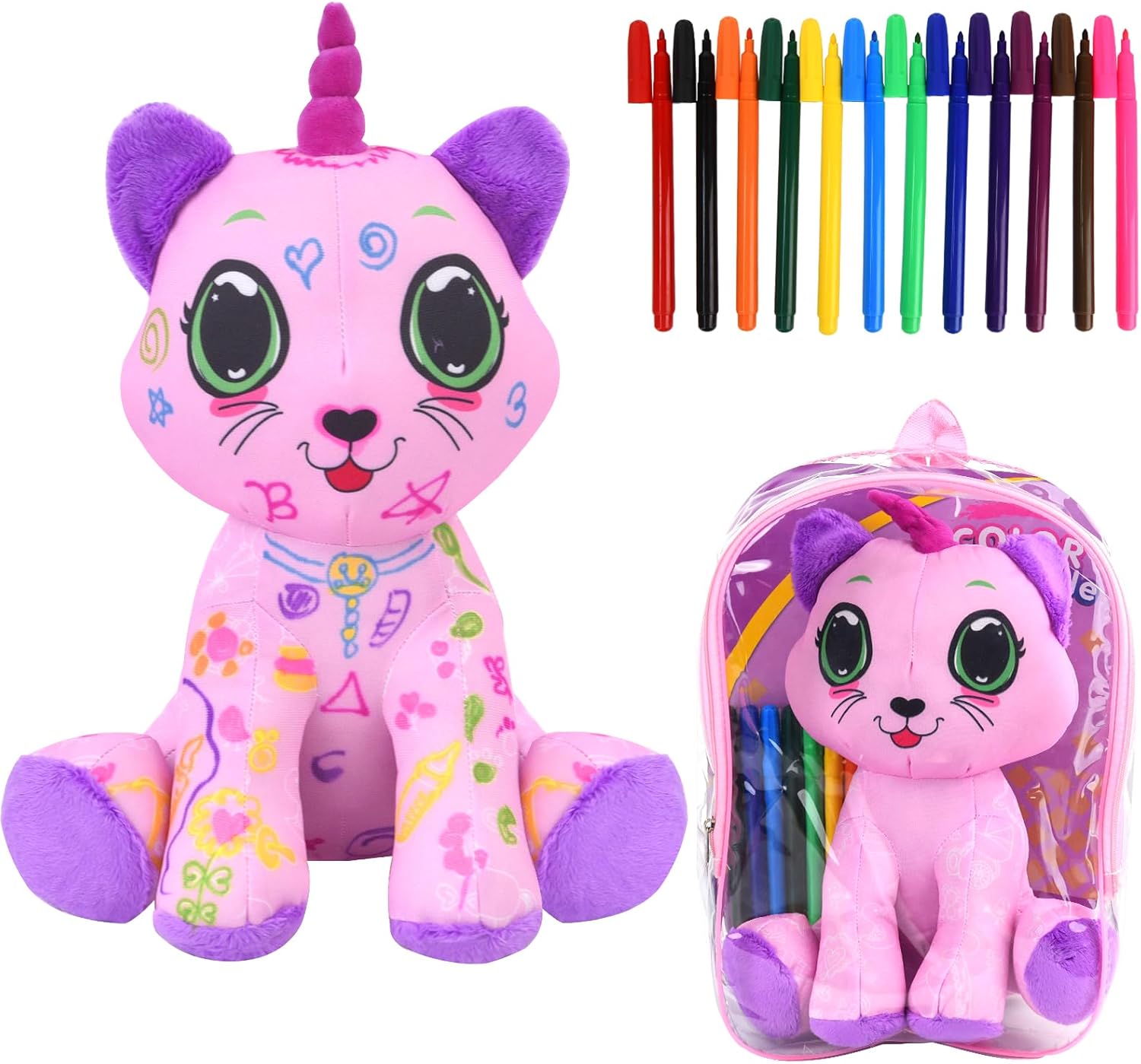 Coloring Plush Toy with 12 Washable Markers for Little Girls Doodle ...