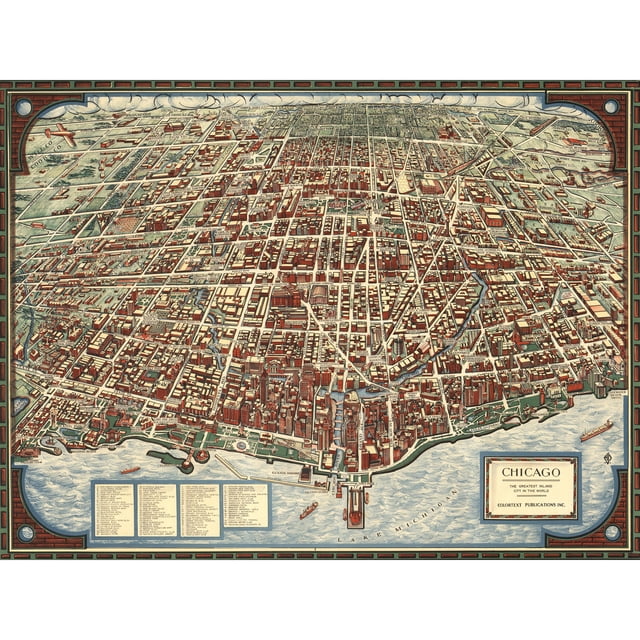 Colortext 1938 Map Chicago City Bird's Eye View Extra Large Art Print ...