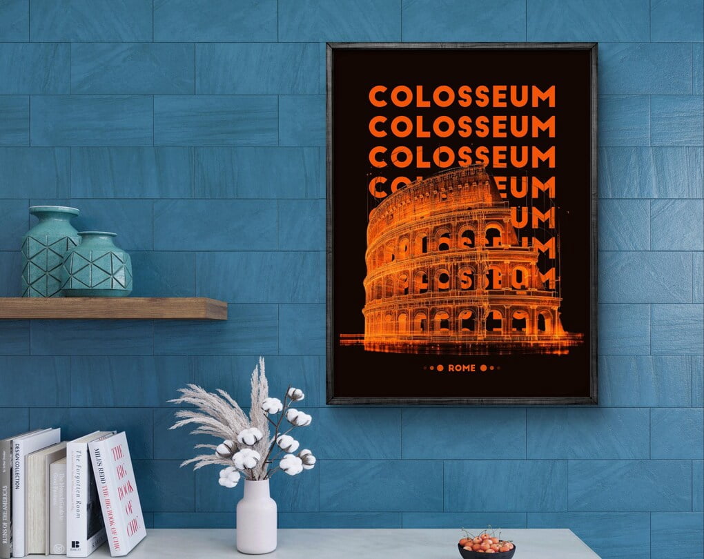 Colosseum Rome Poster Orange Ancient Ruins Art Print, Modern Roman ...