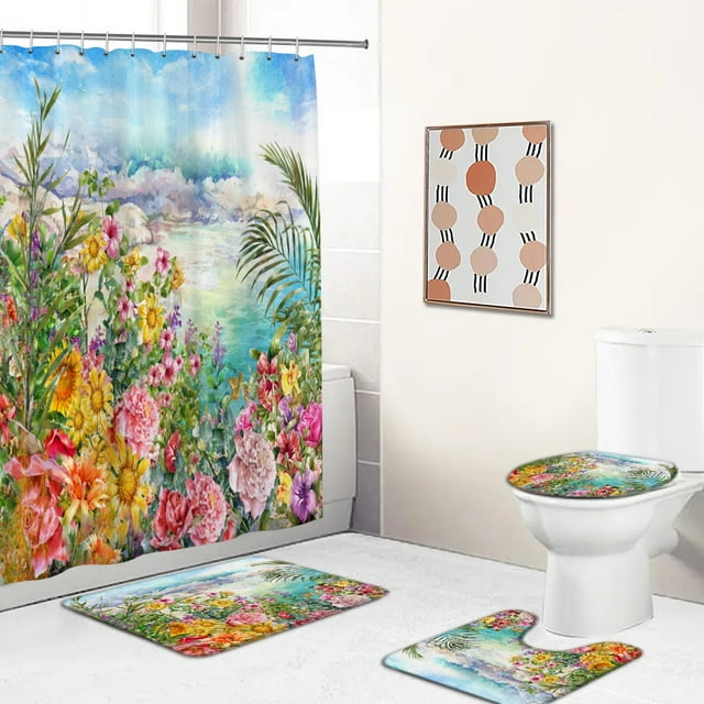 Colour Flowers Waterproof Polyester Shower Curtain Set Anti Slip Soft