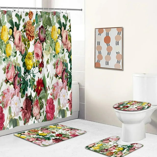Colour Flowers Waterproof Polyester Shower Curtain Set Anti Slip Soft