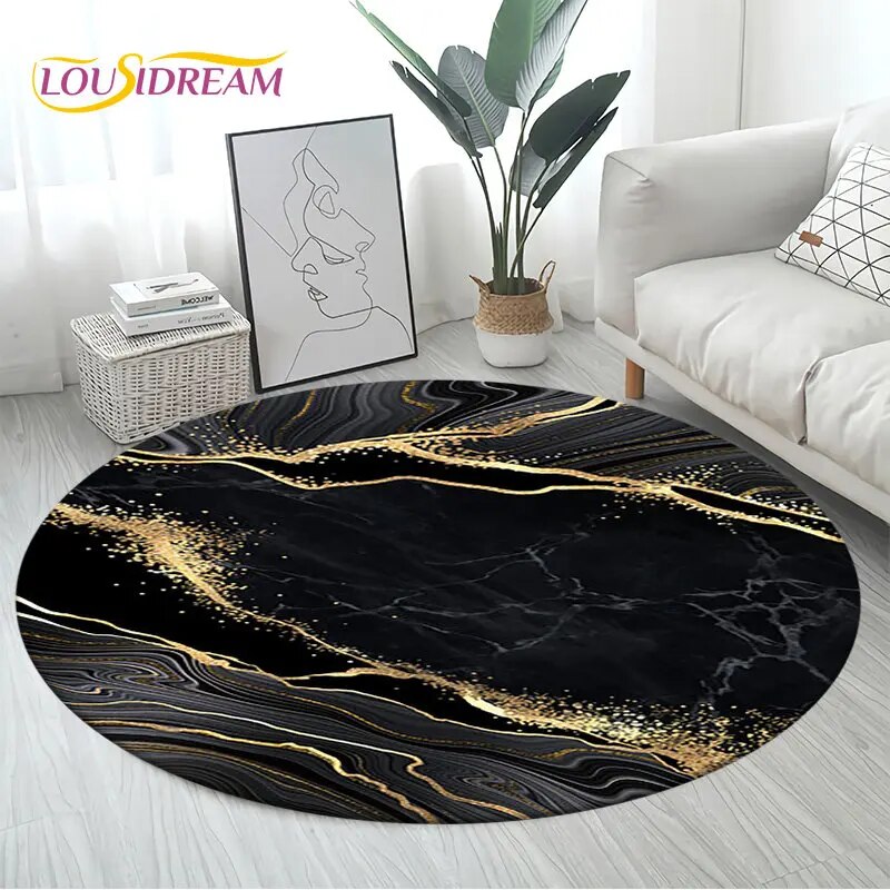 Colour Nordic Black Gold Blue Marble Round Area Rug Circle Carpet Rug ...