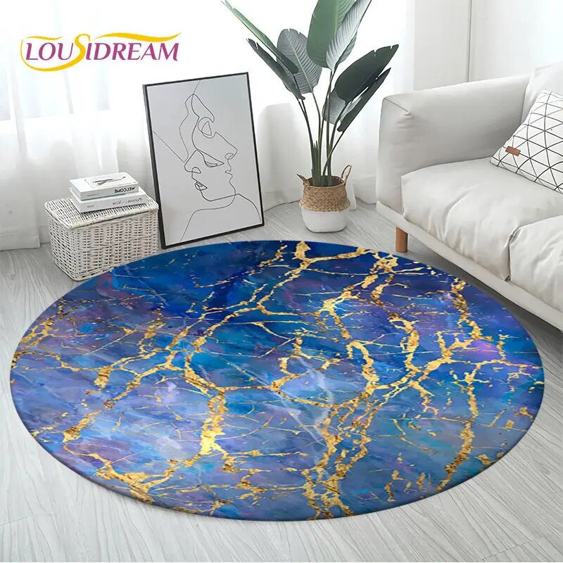 Colour Nordic Black Gold Blue Marble Round Area Rug Circle Carpet Rug ...