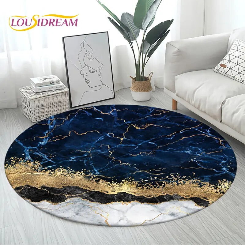 Colour Nordic Black Gold Blue Marble Round Area Rug Circle Carpet Rug ...