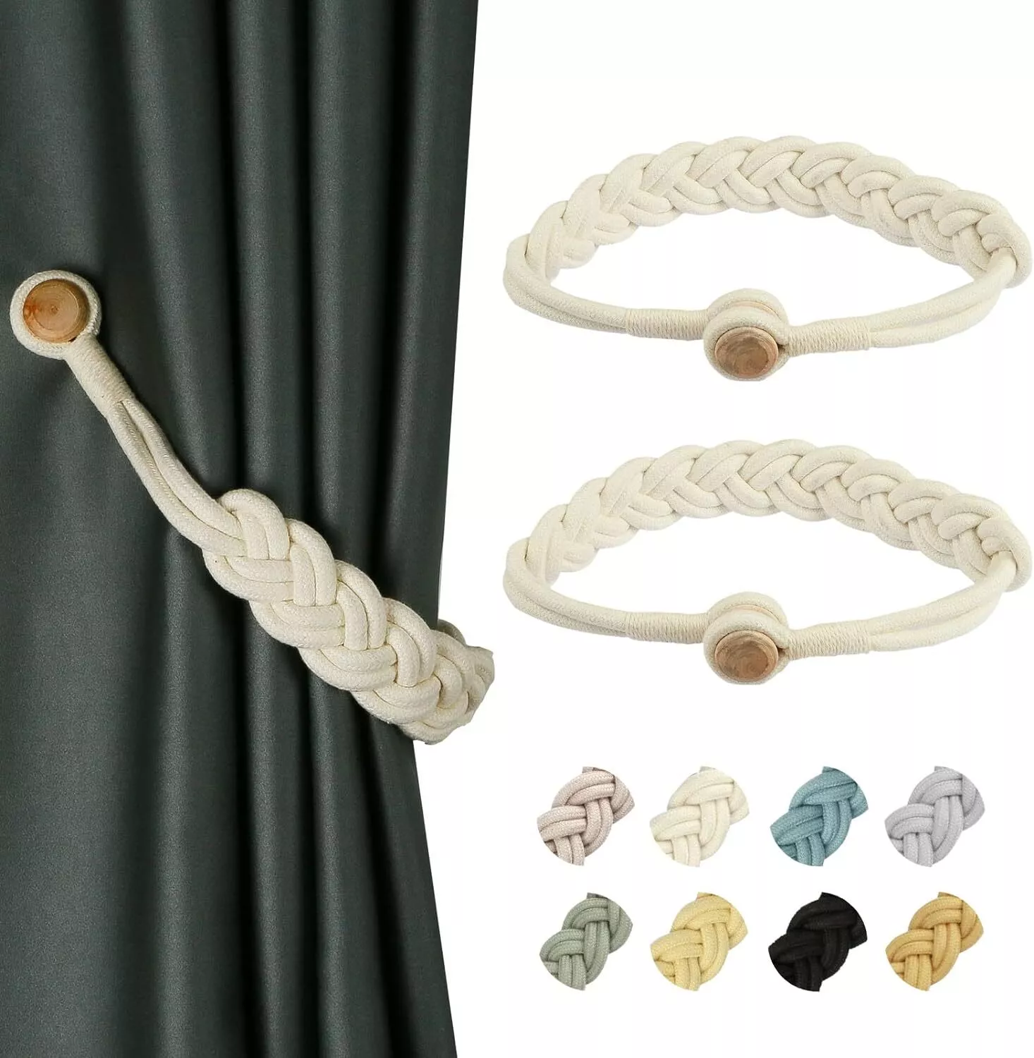 ColourTree White 2Pcs Curtain Tiebacks Magnetic Woven Curtain Holdback Drapery Tie-Back ...