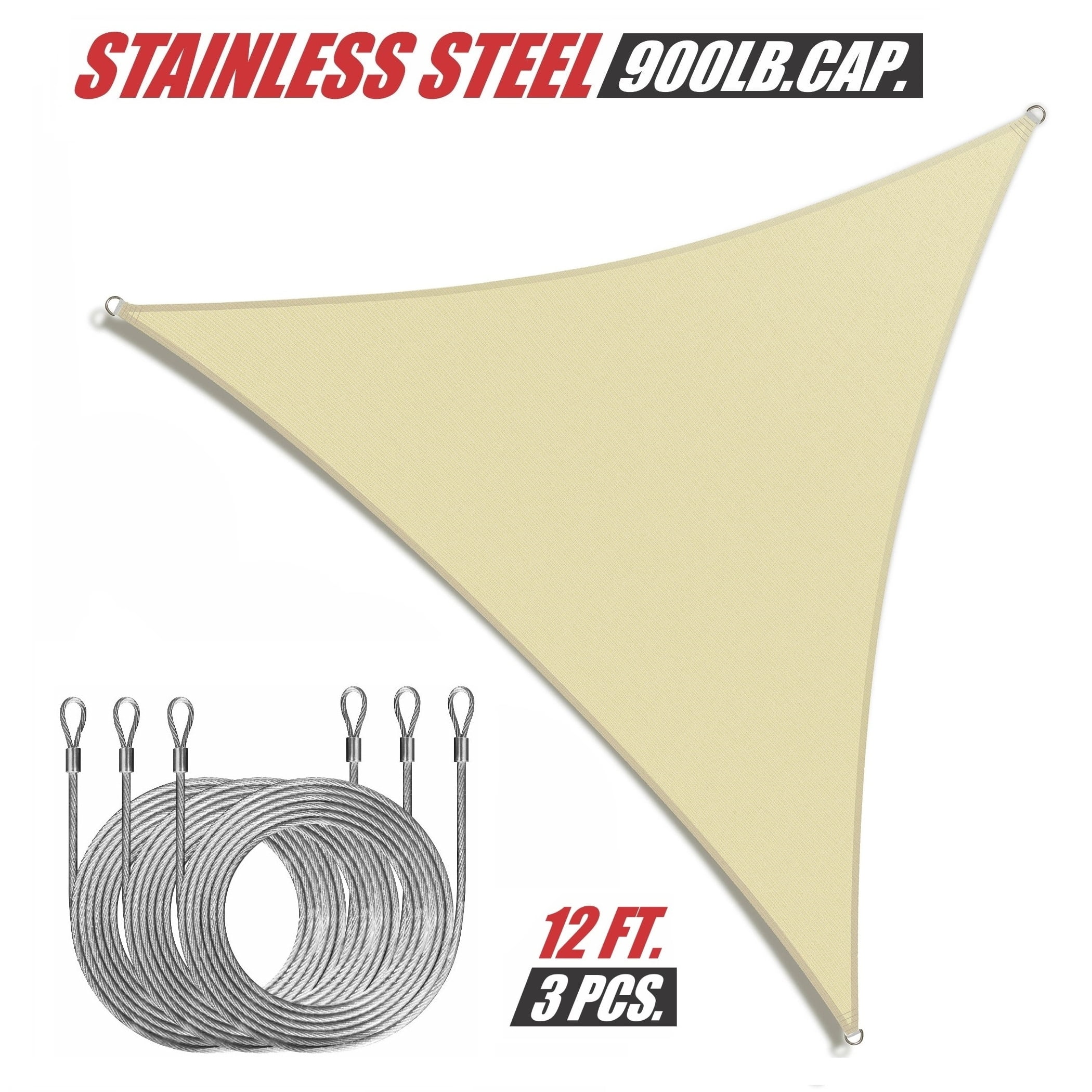 ColourTreeUSA Triangle Sun Shade Sail w/Cable Ropes HDPE Mesh Fabric ...