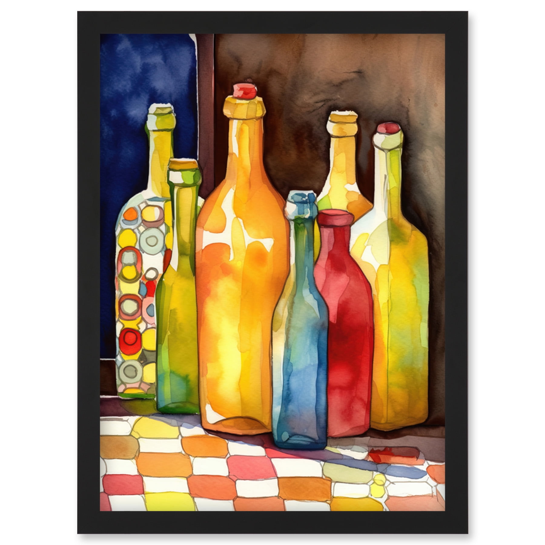 Coloured Bottles On Checked Tablecloth Still Life Watercolour Painting ...