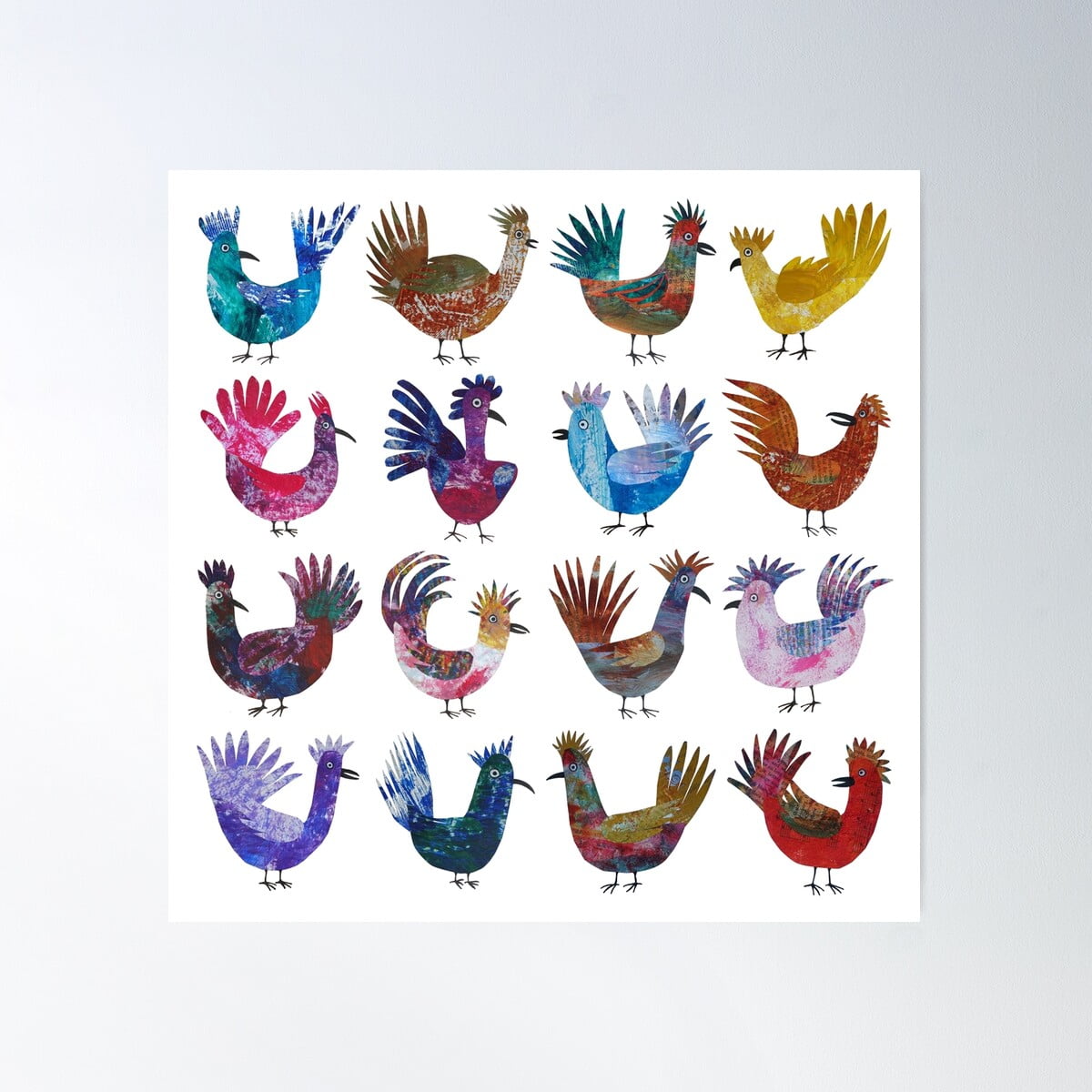 Coloured Flock Of Chickens Poster Wall Art, Modern Wall Decor For ...