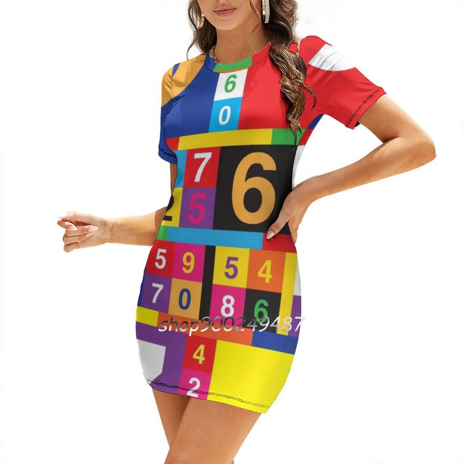 Coloured Numbers Flare Dress Square Neck Dress Elegant Female Fashion ...