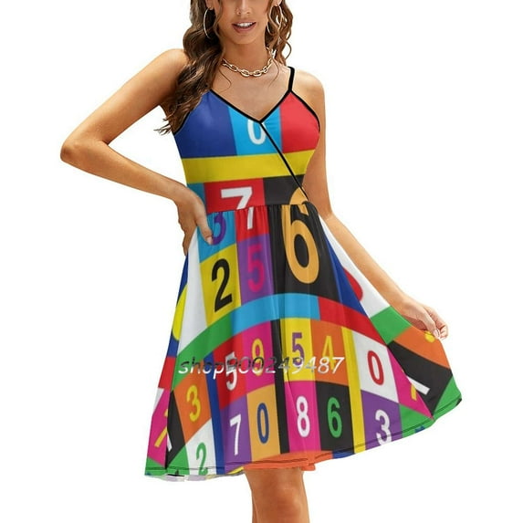 Coloured Numbers Flare Dress Square Neck Dress Elegant Female Fashion ...