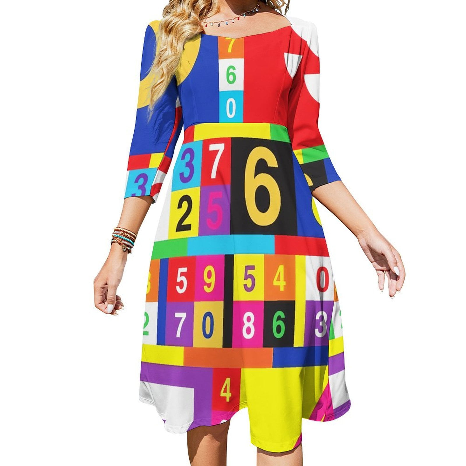 Coloured Numbers Flare Dress Square Neck Dress Elegant Female Fashion ...