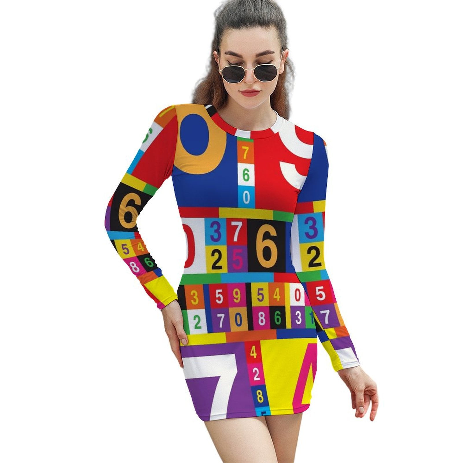 Coloured Numbers Women's Long Sleeve Bodycon Dress Soft Stretchy For ...