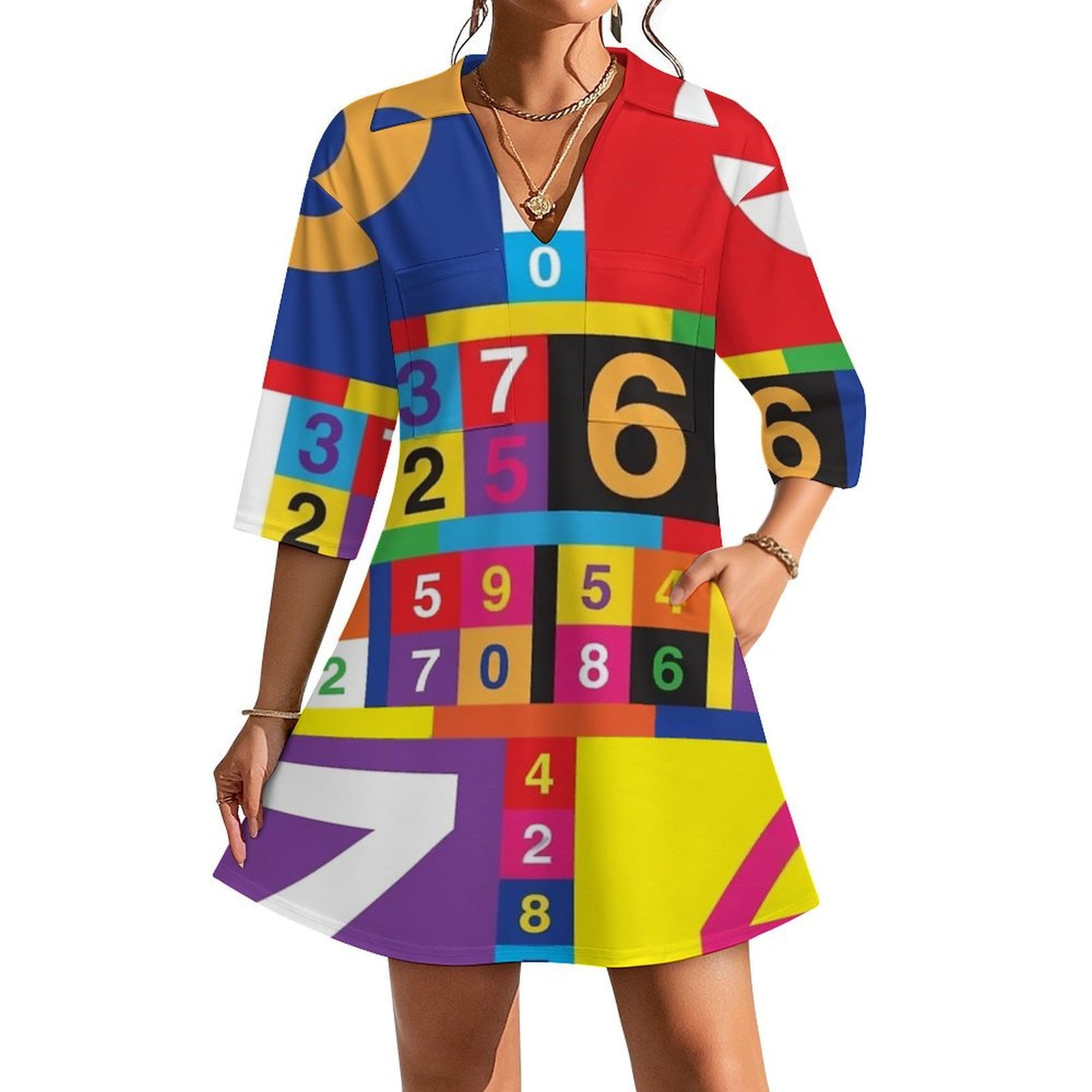 Coloured Numbers Womens Dress With Pockets Summer V Neck 3/4 Sleeve ...