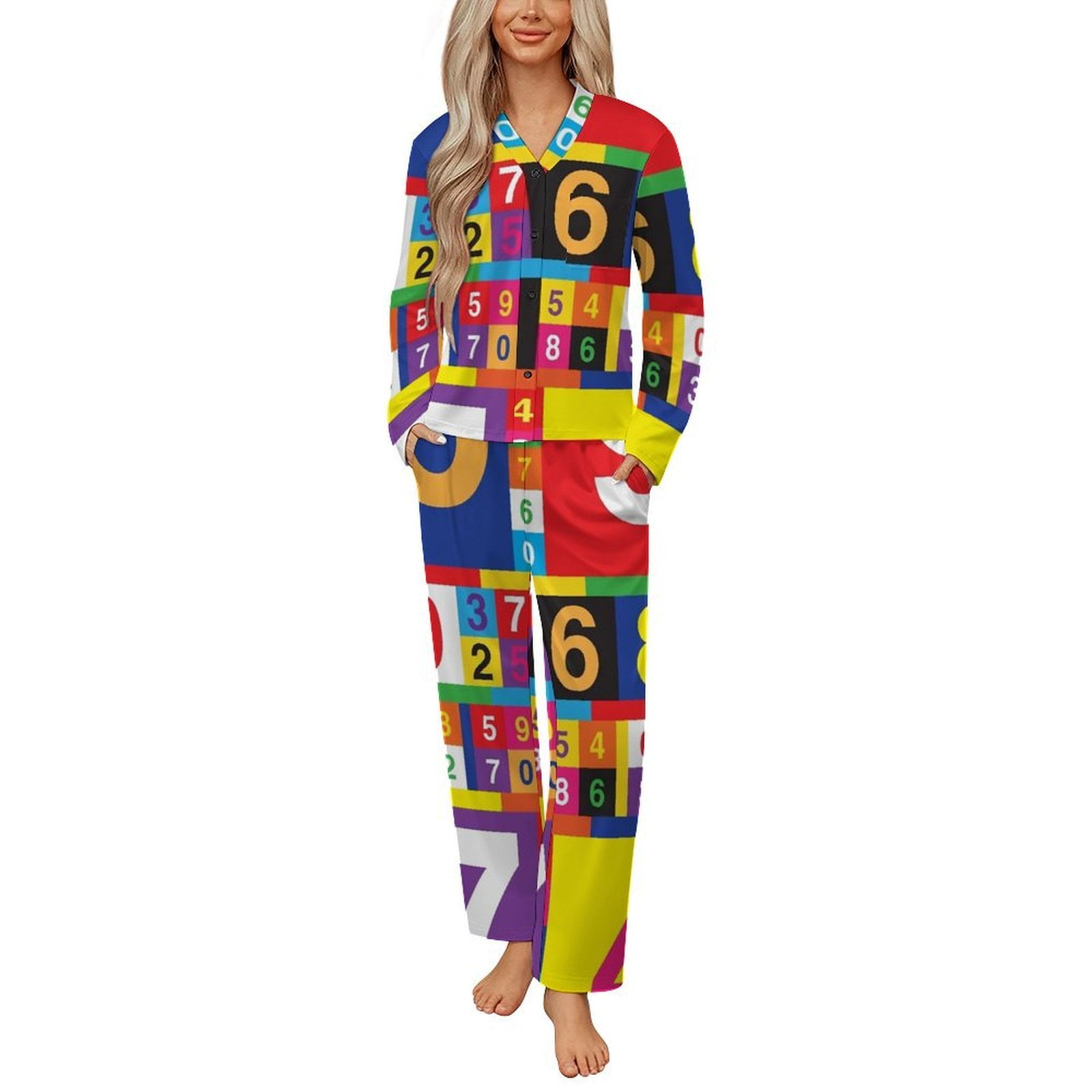 Coloured Numbers Womens Pyjamas Set Button Up Pyjamas Womens with Long ...
