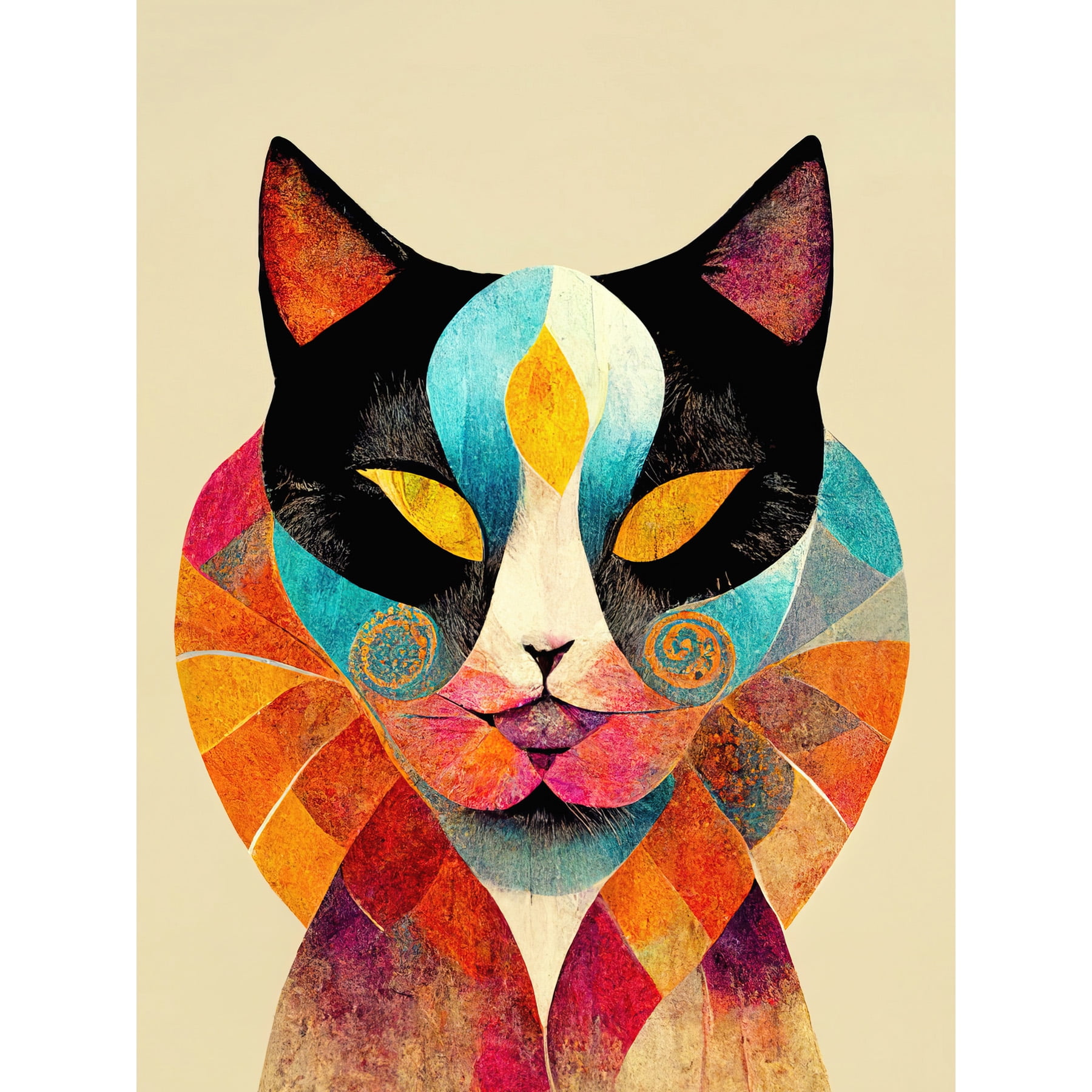 Colourful Boho Abstract Cat Illustration Large Wall Art Poster Print ...