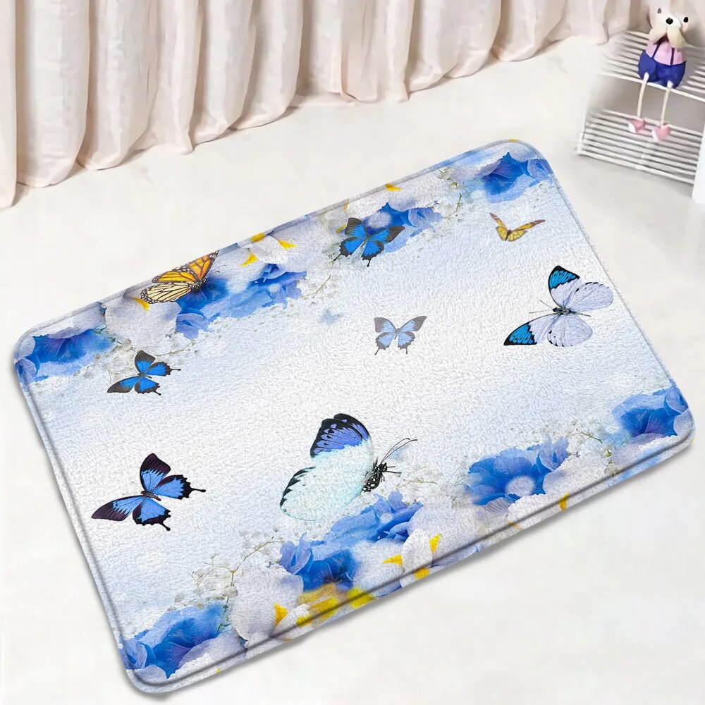 Colourful Butterfly Bath Mat Set Cartoon Flowers Butterflies Abstract ...