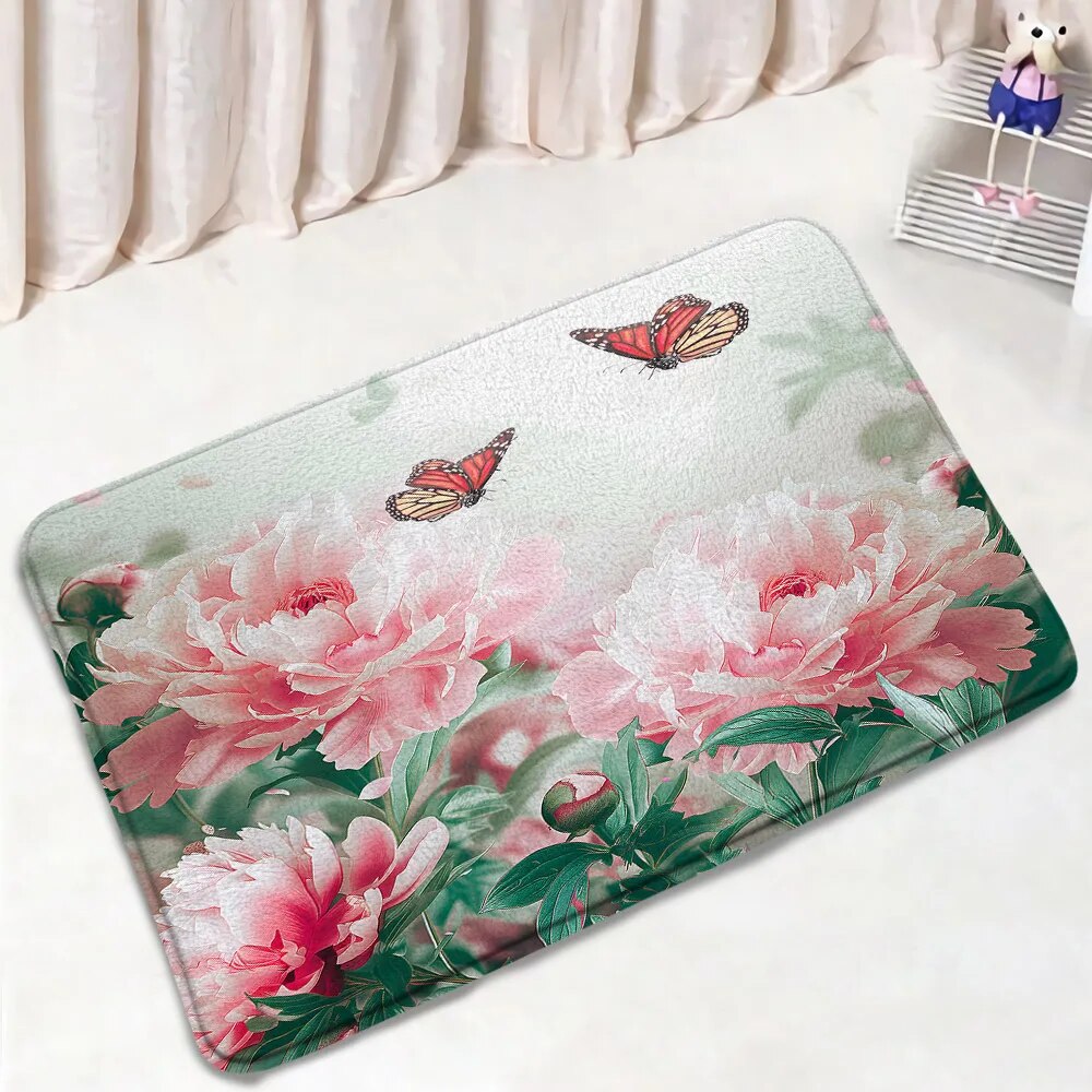 Colourful Butterfly Bath Mat Set Cartoon Flowers Butterflies Abstract ...