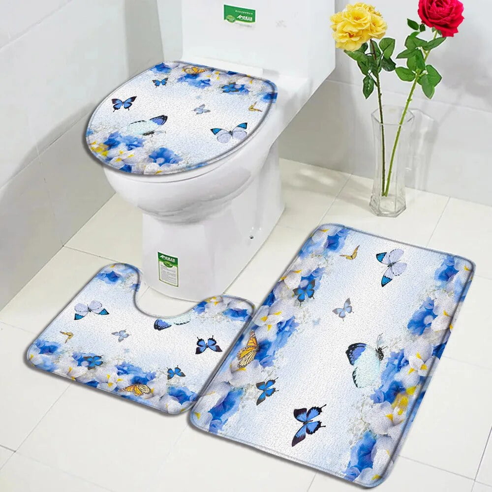 Colourful Butterfly Bath Mat Set Cartoon Flowers Butterflies Abstract ...