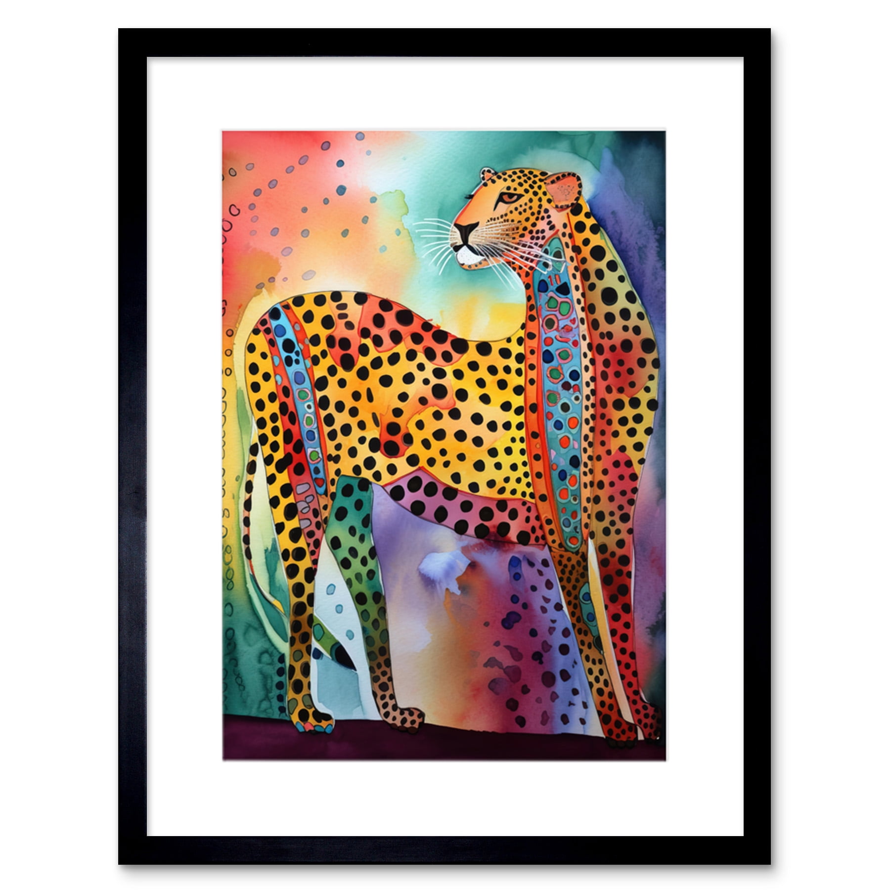 Colourful Cheetah Folk Art Watercolour Painting Artwork Framed Print ...