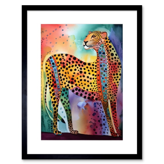Colourful Cheetah Folk Art Watercolour Painting Artwork Framed Print ...