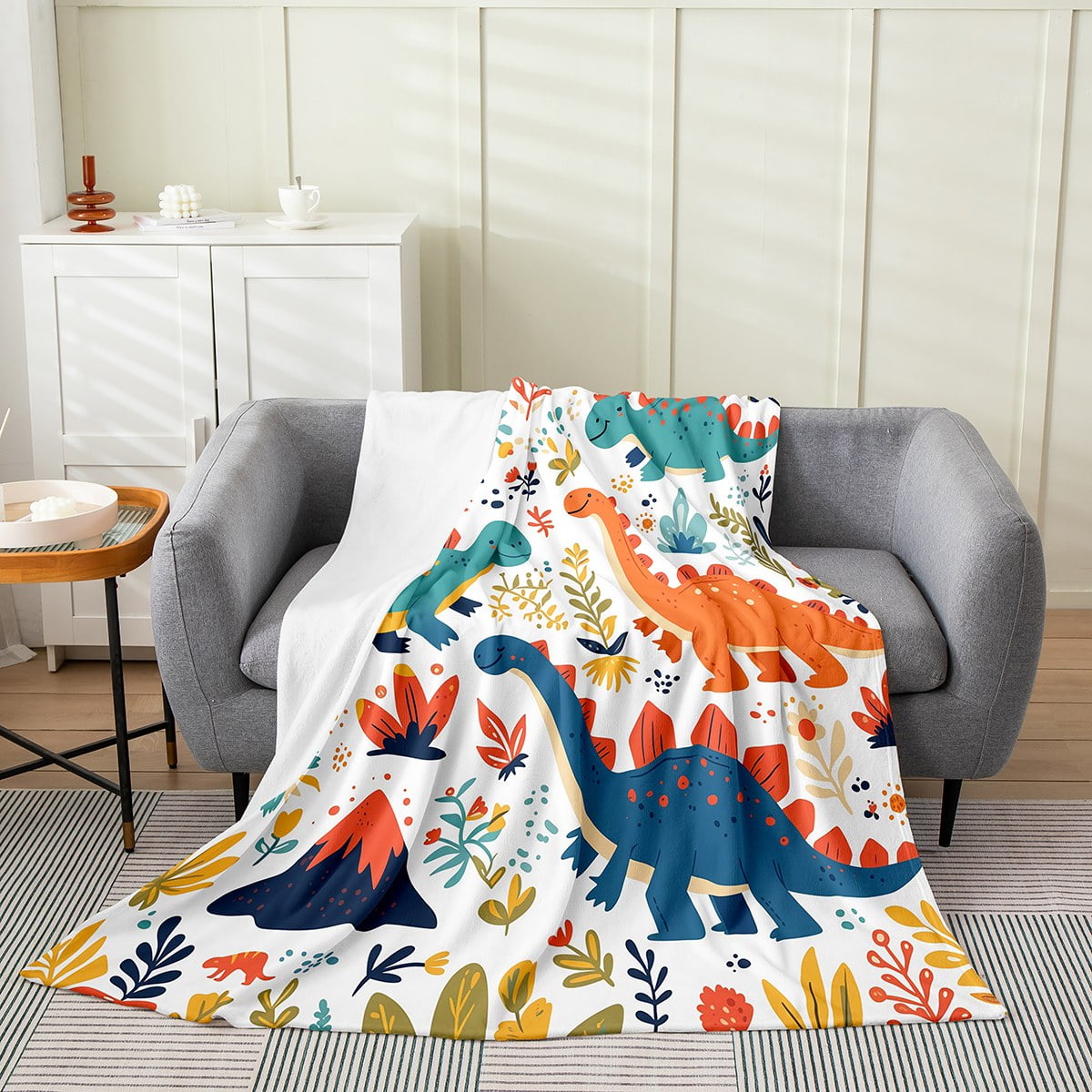 Colourful Dinosaur Blanket Cartoon Dino Throw Blanket Floral Grass ...