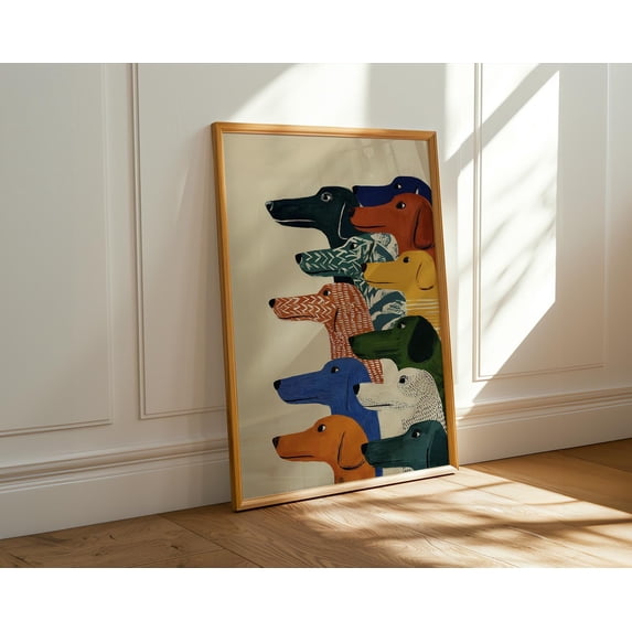 Colourful Dog Line Up Print Bold Minimalist Animal Illustration Poster ...