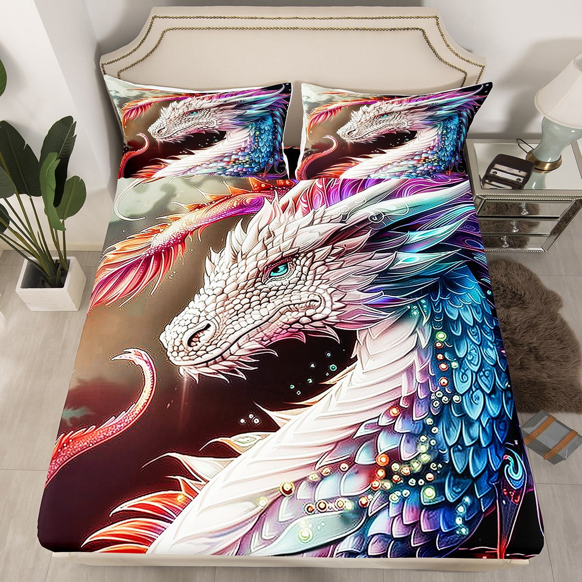 Colourful Dragon Queen Bed Sheets for Girls,Vintage Gothic Bedding Set ...