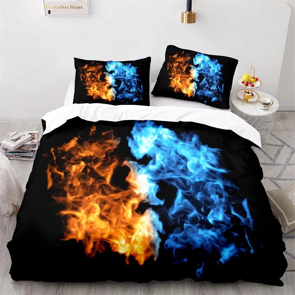 Colourful Fire Duvet Cover Set Cool Blue Orange Green Fire Pattern ...