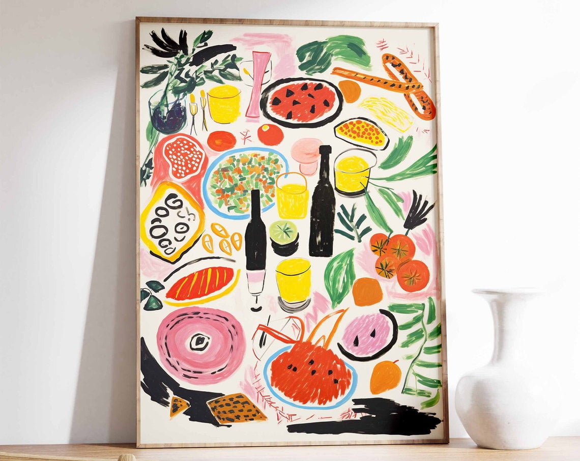 Colourful Food Print, Retro Food Art, Vintage Kitchen Decor, Food ...