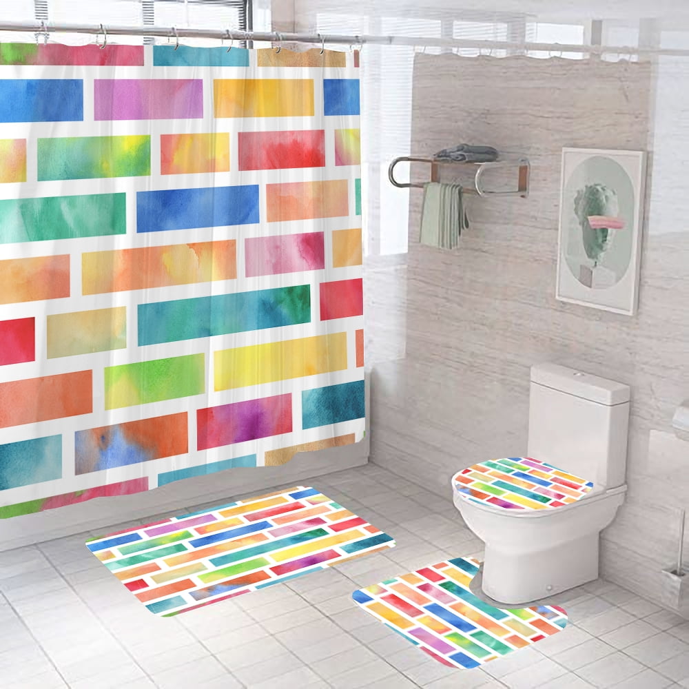 Colourful Geometric Waterproof Polyester Shower Curtain Set Anti-slip ...