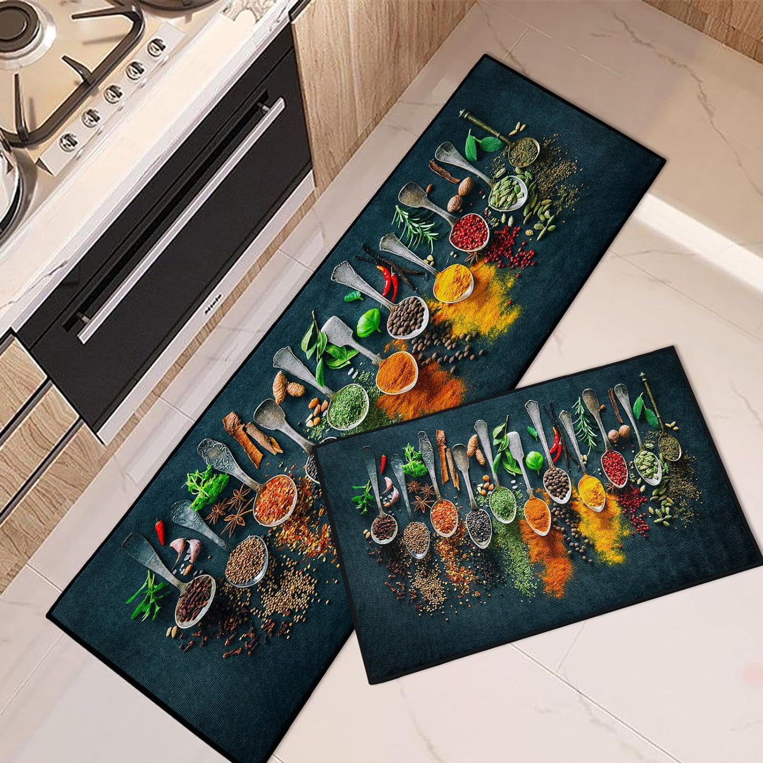 Colourful Herbs Kitchen Rugs and Mats Non Skid Washable Set of 2 ...