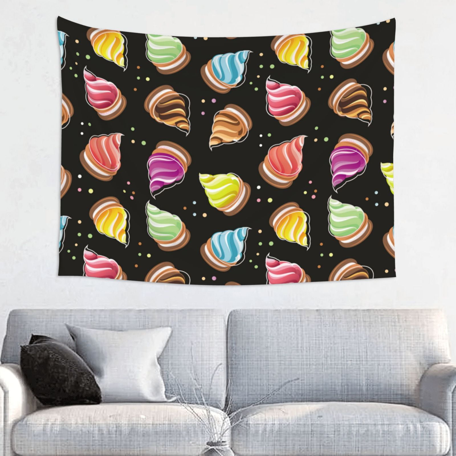 Colourful Ice Cream Print Black Tapestry Wall Hanging, Wall Tapestry ...