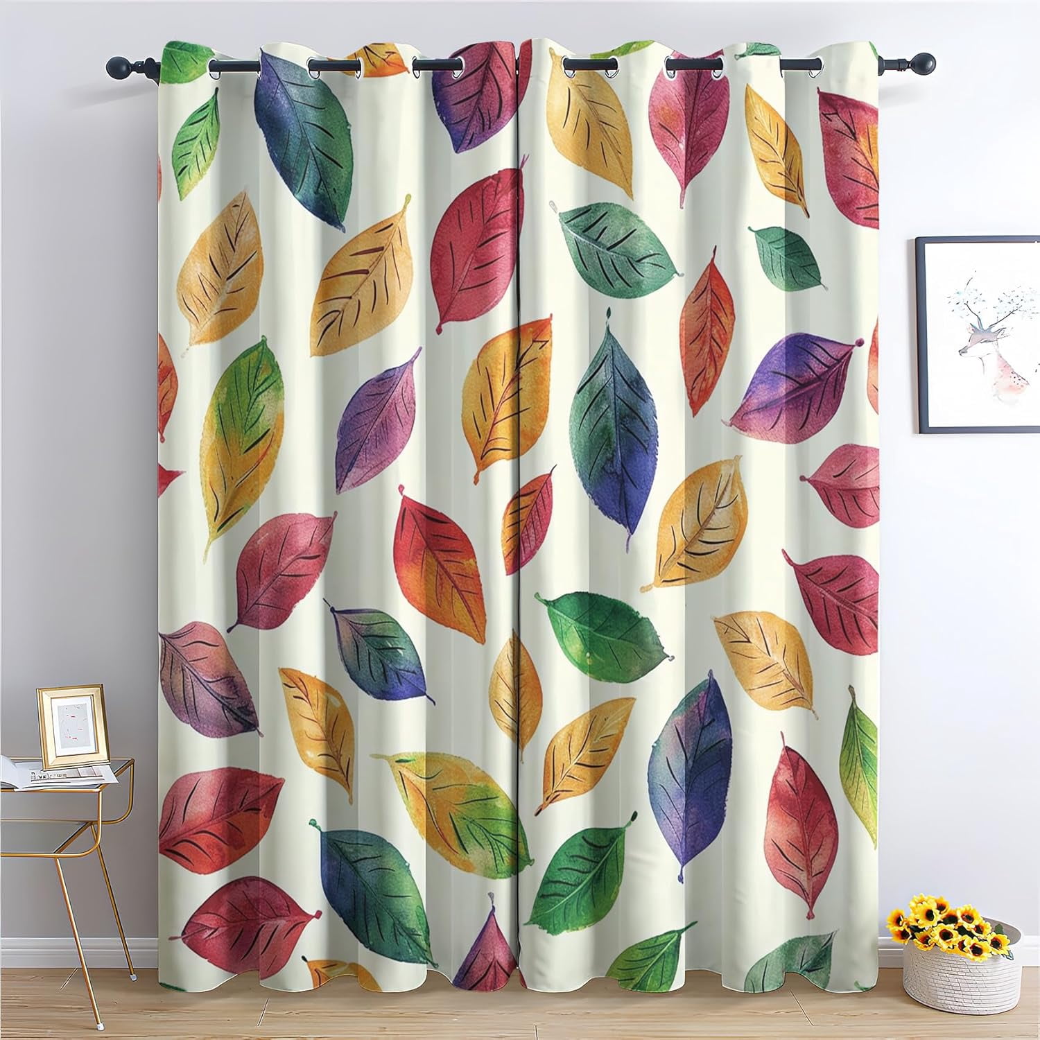 Colourful Leaf Blackout Curtains, Boho Watercolor Leaves Window ...