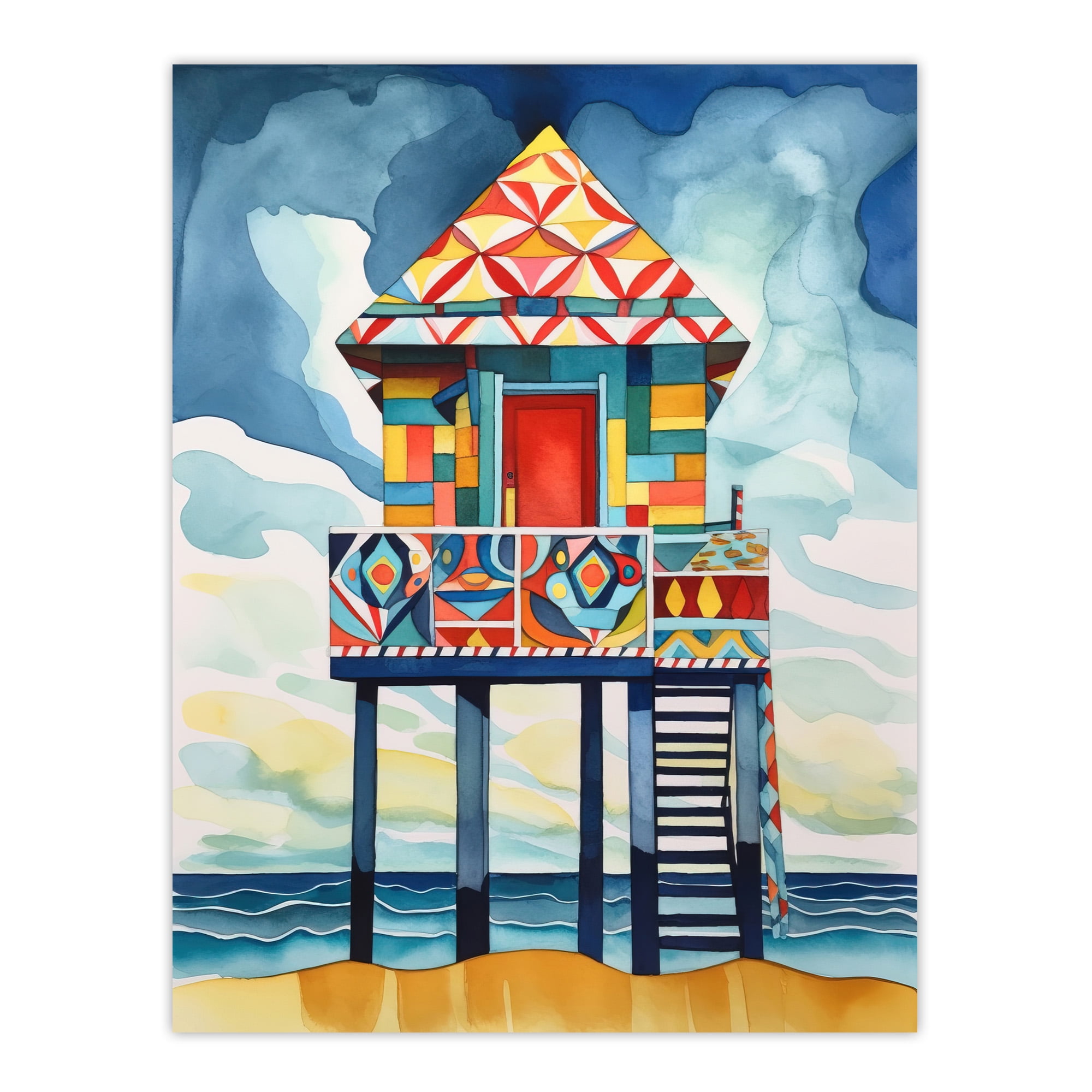 Colourful Lifeguard Tower on Sandy Beach Shore Folk Art Watercolour ...