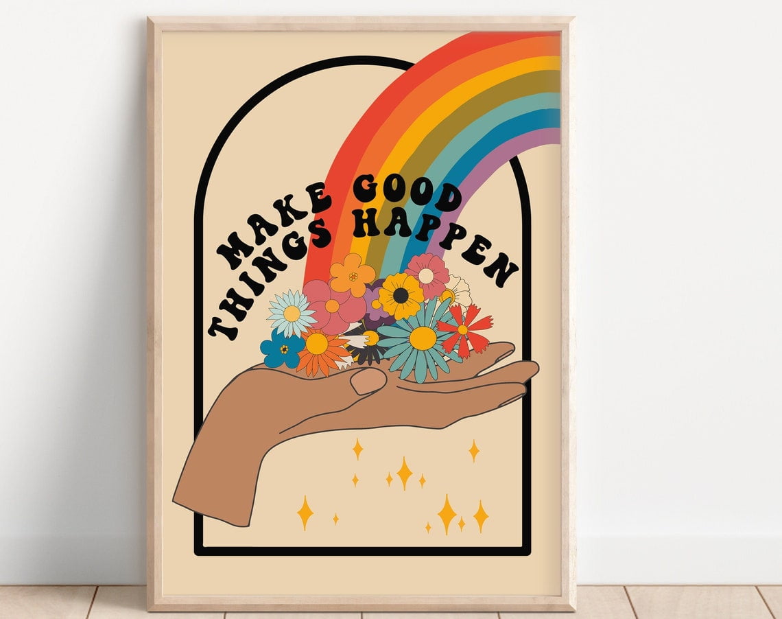 Colourful Make Good Things Happen Print - Retro Art, Groovy Floral, 1970S 1960S, Bright Bold ...