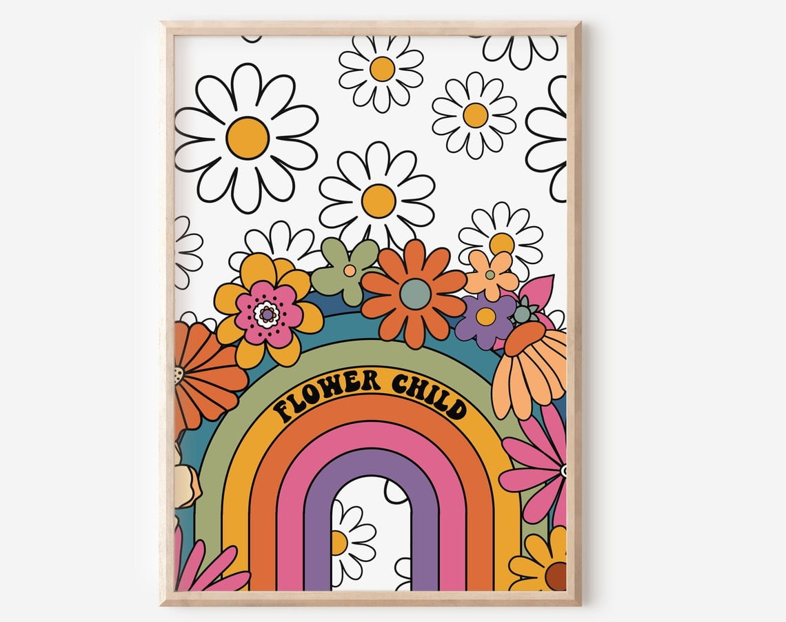 Colourful Retro Flower Child Print - Floral Retro Art, Groovy Floral ...