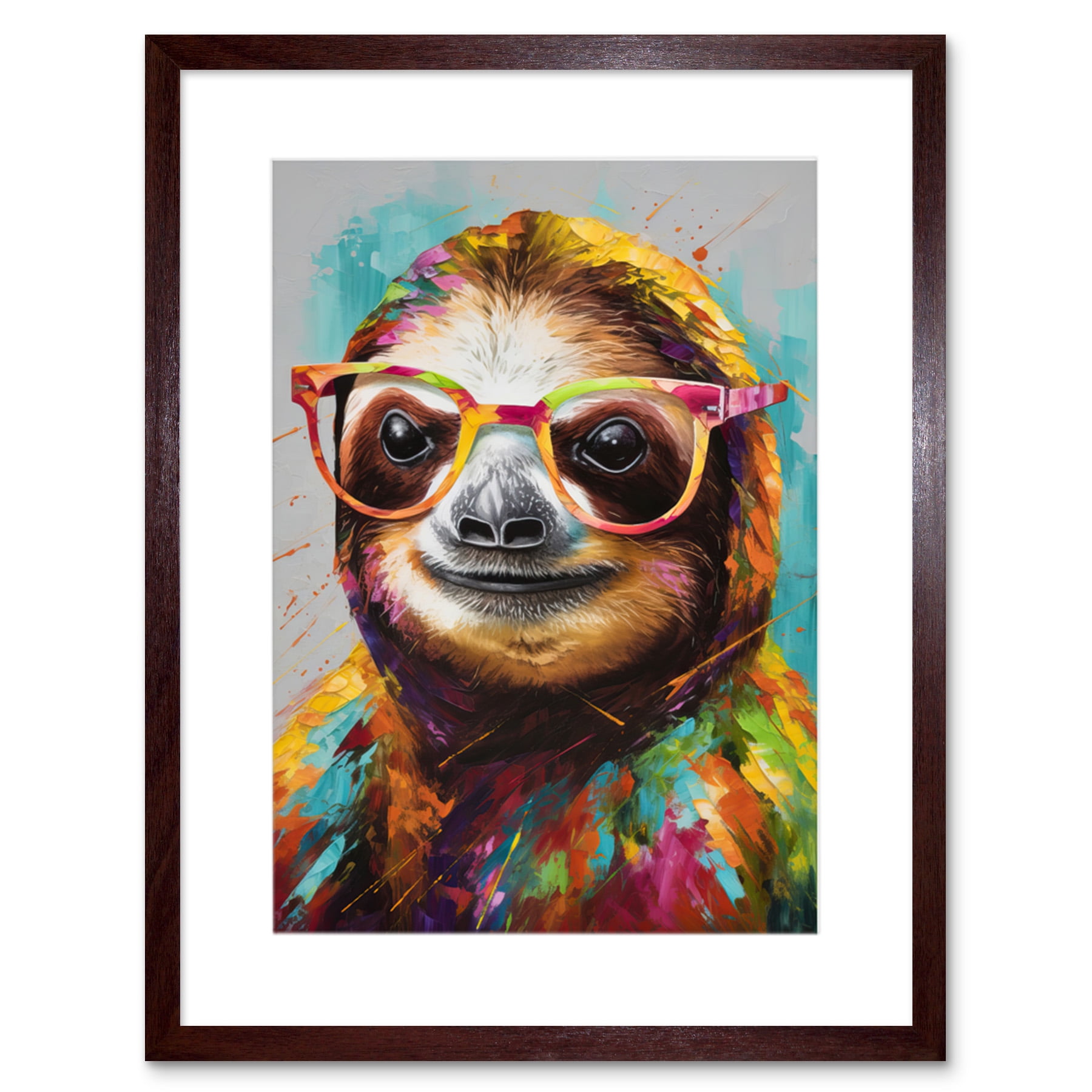 Colourful Sloth with Glasses Modern Folk Art Artwork Framed Wall Art ...