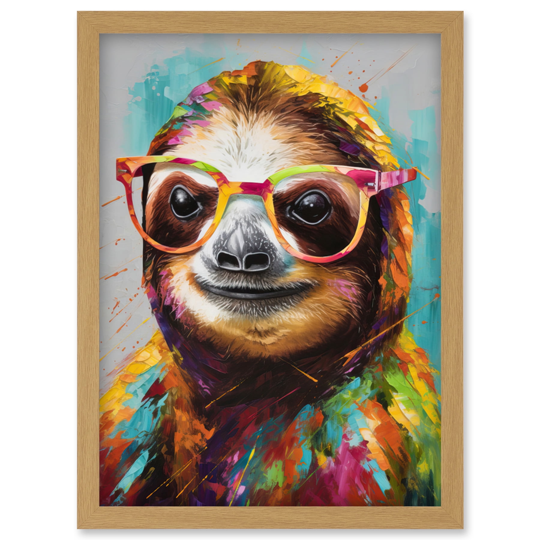 Colourful Sloth with Glasses Modern Folk Art Artwork Framed Wall Art ...