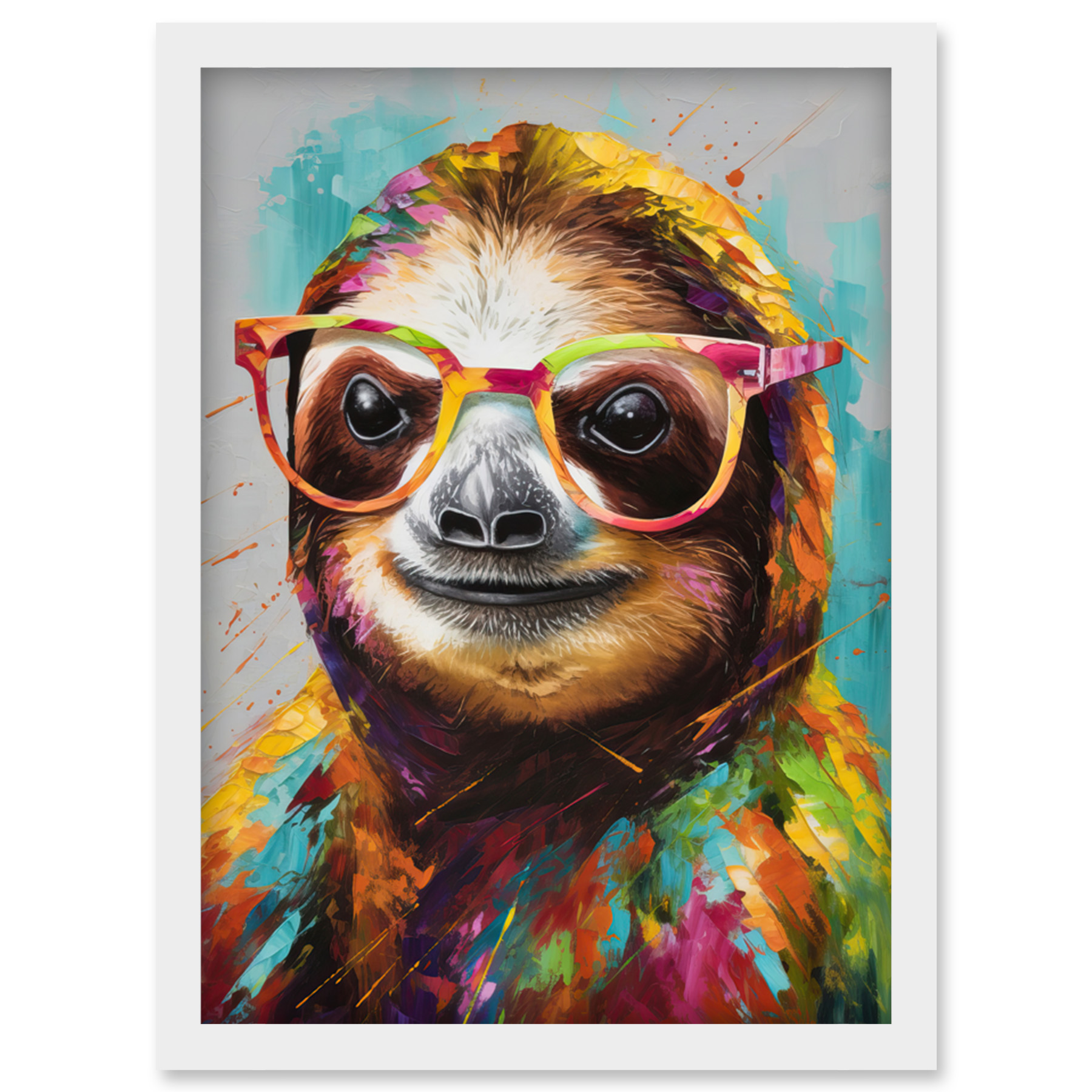 Colourful Sloth with Glasses Modern Folk Art Artwork Framed Wall Art ...