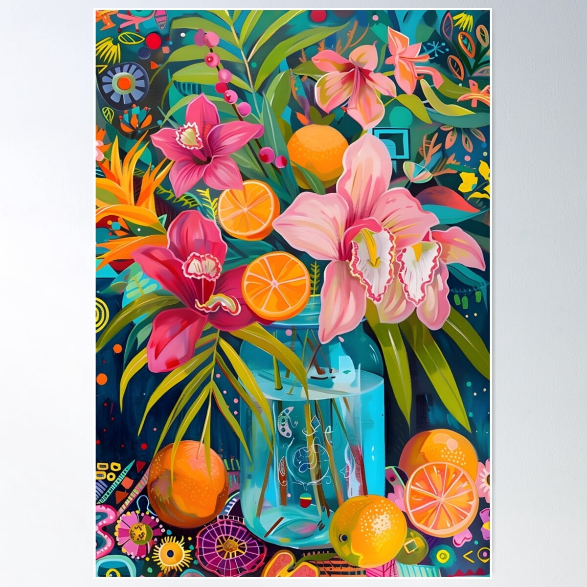 Colourful Still Life Of Flowers And Fruit Poster Wall Art, Modern Wall ...