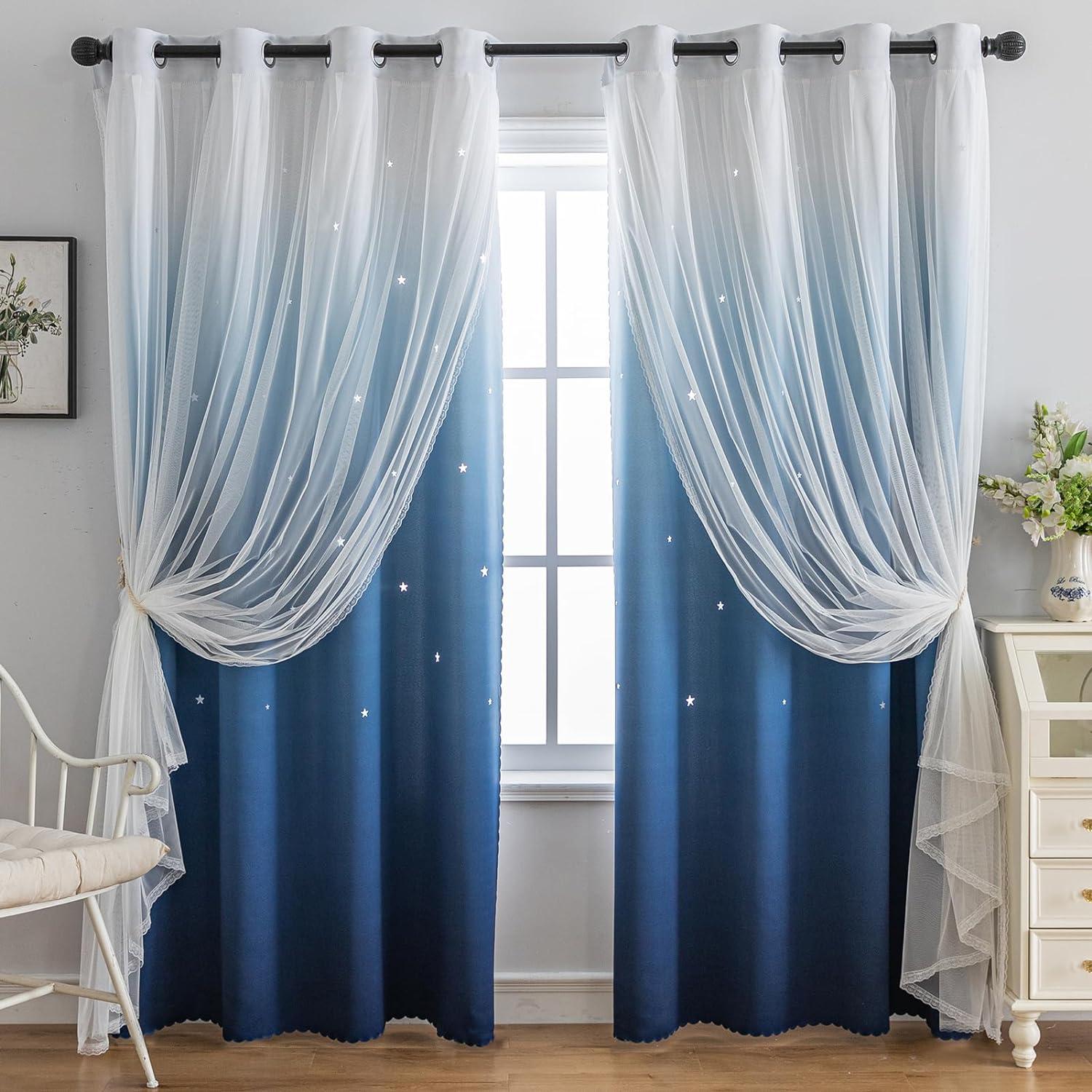 Colourful Stripe Star Cut-Out Blackout Curtains For Bedroom,2 Layers ...