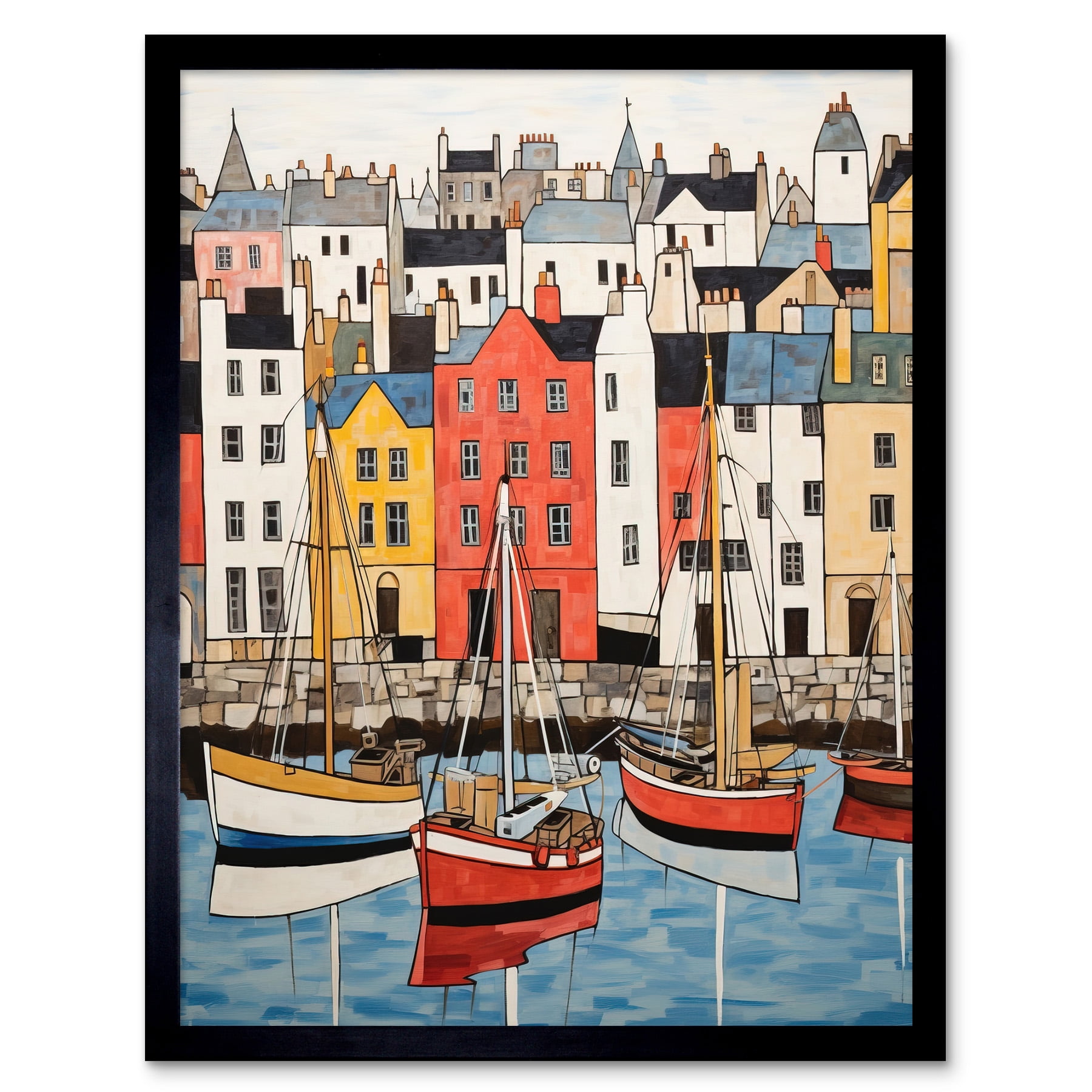 Colourful Town Harbour Acrylic Painting Red Yellow Blue Fishing Boats ...